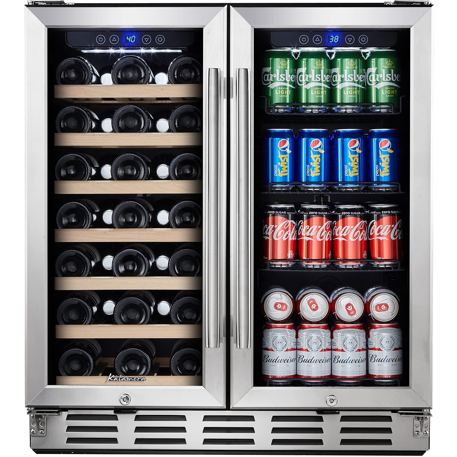 Kalamera Wine and Beverage Refrigerator, 30 inch Wine Fridge Dual Zone Hold 33 Bottles and 96 Cans, Digital Touch Control, Built-In or Freestanding