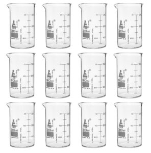 eisco 12pk beakers, 30ml - astm - low form with spout - dual scale, white graduations - borosilicate 3.3 glass