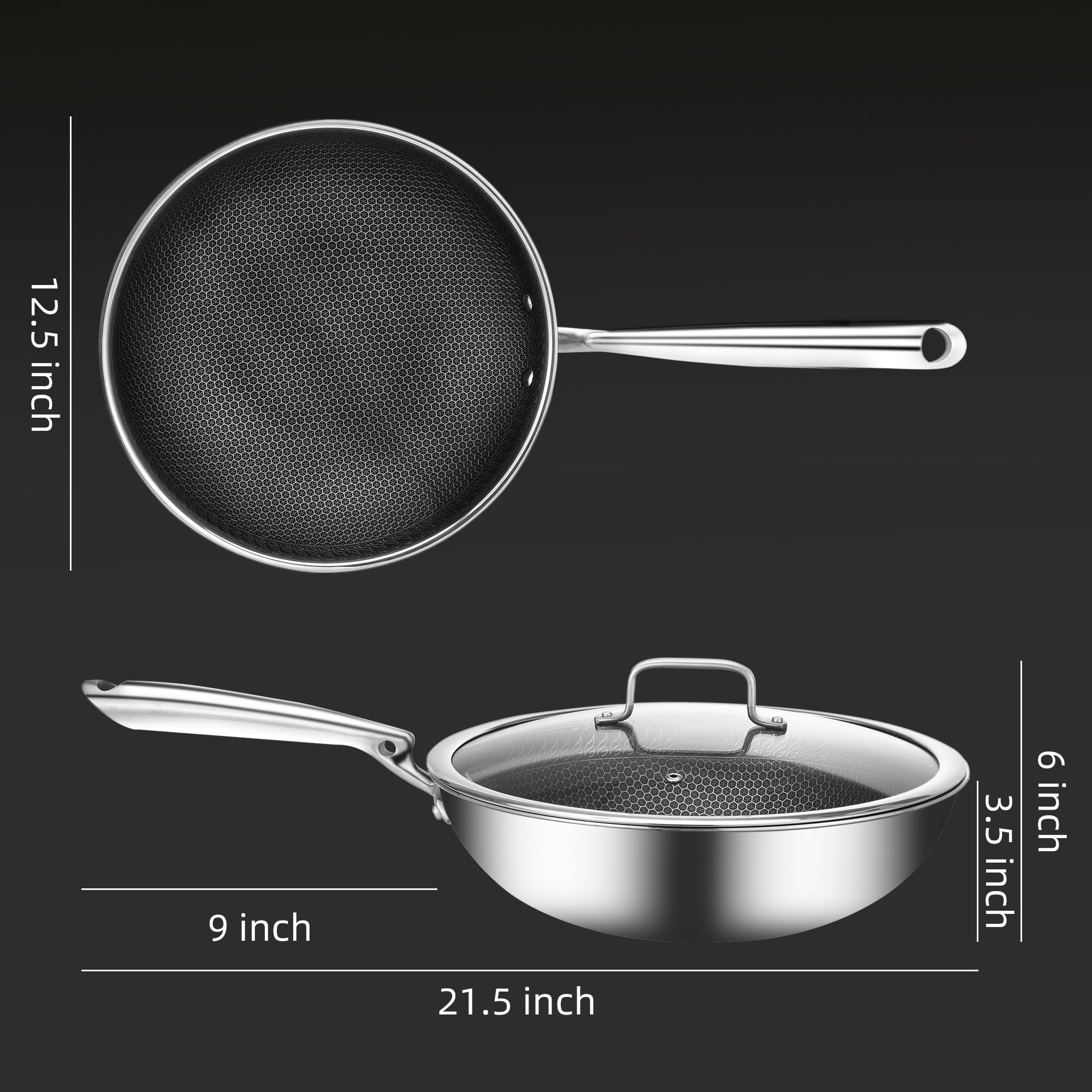 Potinv Hybrid Stainless Steel Wok with Stay Cool Handles 12 Inch,Non-Stick, Dishwasher and Oven Safe, Works with Induction, Ceramic, Electric, and Gas Cooktops