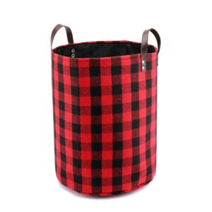 17.7" large collapsible storage basket with leather handles, red buffalo plaid woolen fabric foldable tote bags round home decorative organizer bin