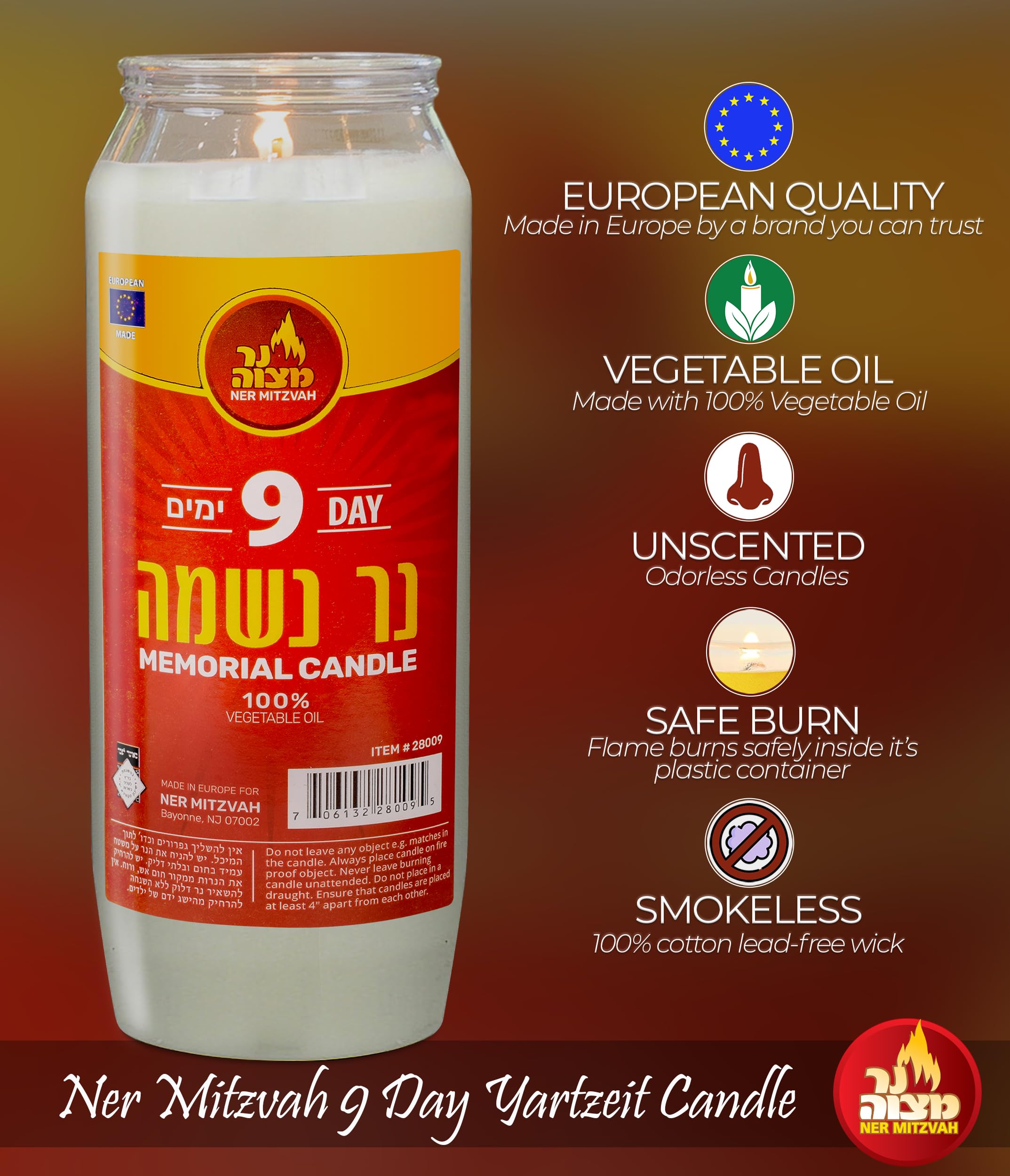 Ner Mitzvah 9 Day Yartzeit Candle - 10 Pack Kosher Yahrtzeit Memorial and Yom Kippur Candle in Plastic Holder