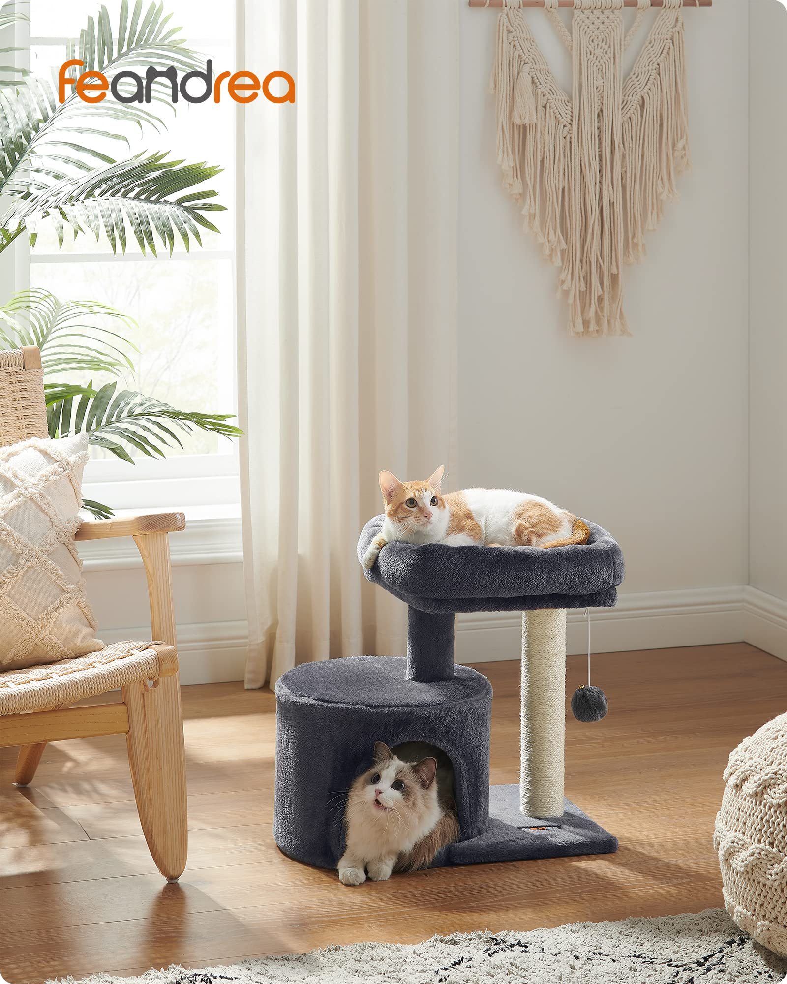 Feandrea Cat Tree, Cat Tower with Sisal-Covered Scratching Post, Cat Condo with Padded Perch, for Small Spaces, Kittens, Smoky Gray UPCT50G