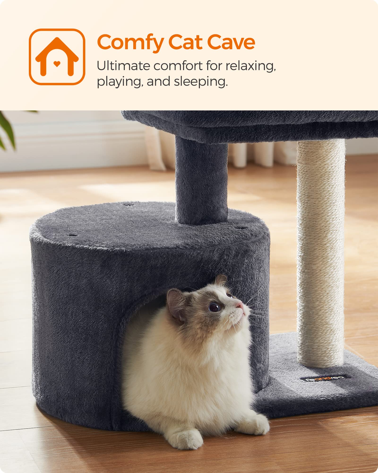 Feandrea Cat Tree, Cat Tower with Sisal-Covered Scratching Post, Cat Condo with Padded Perch, for Small Spaces, Kittens, Smoky Gray UPCT50G