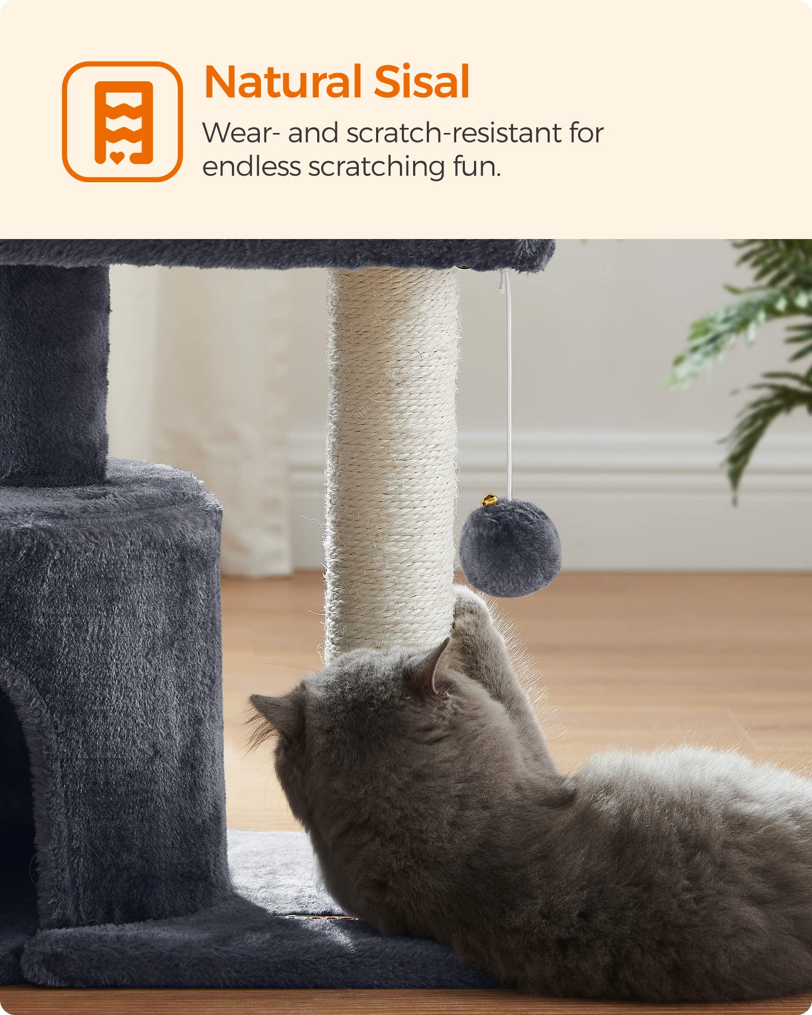 Feandrea Cat Tree, Cat Tower with Sisal-Covered Scratching Post, Cat Condo with Padded Perch, for Small Spaces, Kittens, Smoky Gray UPCT50G