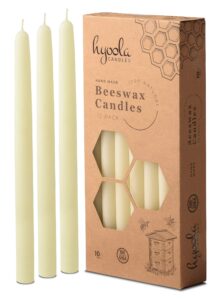 hyoola 10" beeswax taper candles 12 pack - handmade, all natural, 100% pure unscented bee wax candle - tall, decorative, white - 10 hour burn time