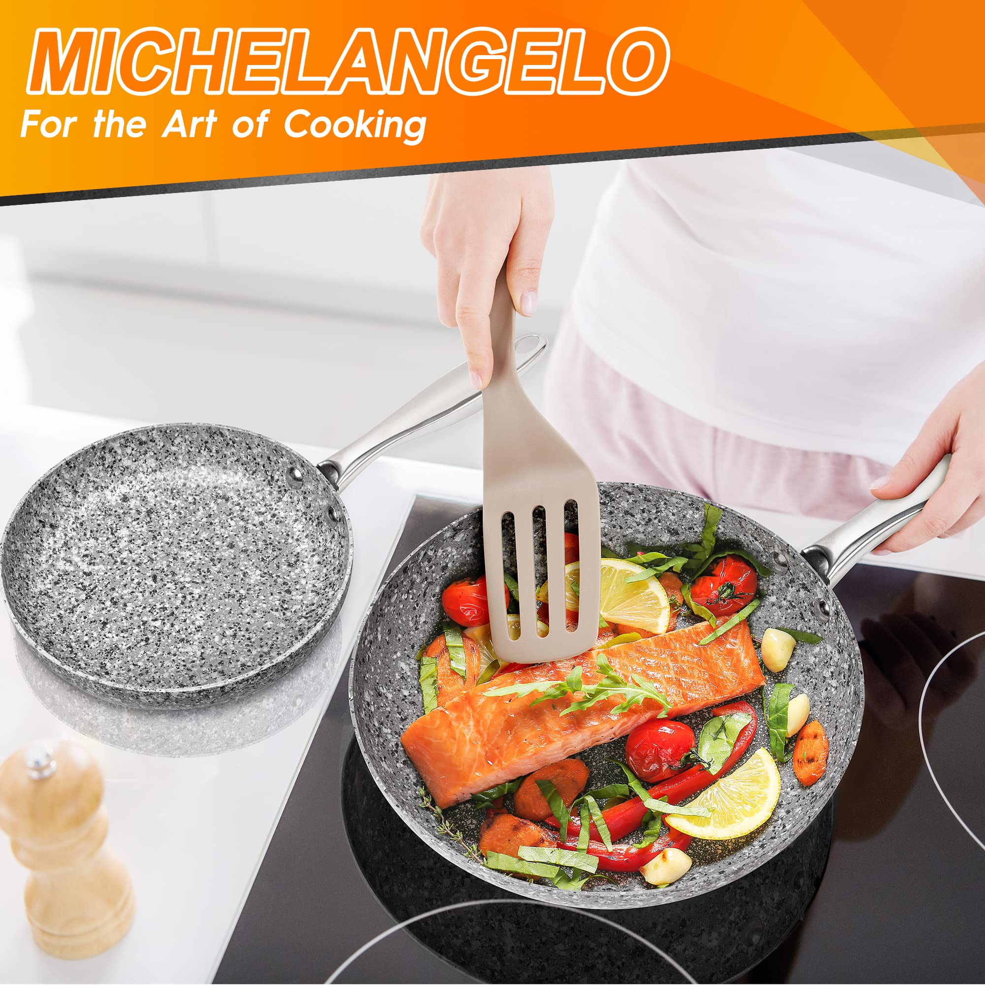 MICHELANGELO 10 Inch Frying Pan with Lid, Nonstick Stone Frying Pan with Non toxic Stone-Derived Coating, Granite Frying Pan, Nonstick Frying Pans with Lid, Stone Skillets, Induction Compatible