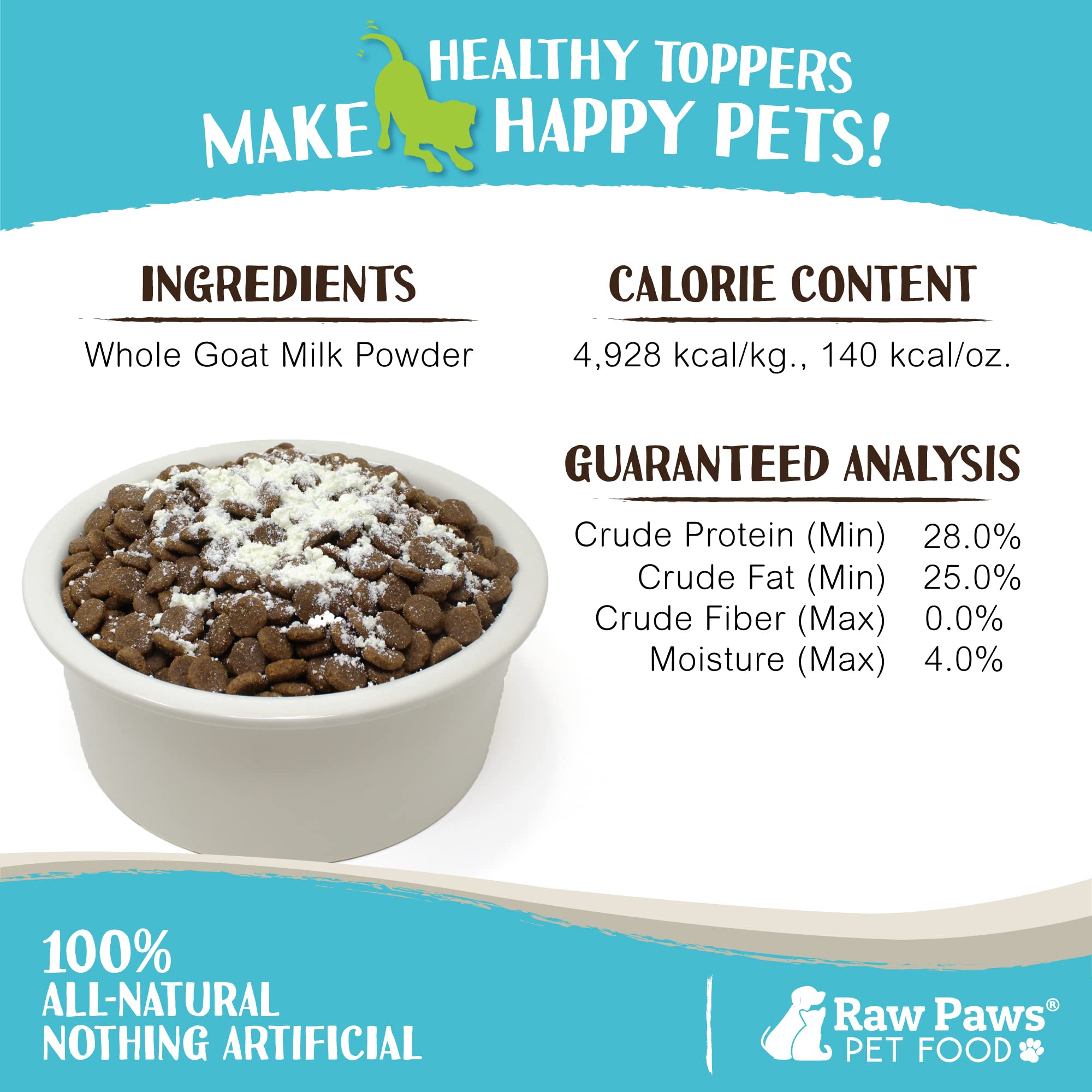 Raw Paws Boost Pet Food Topper Whole Goat Milk Powder, 3.1-oz - Made in USA, Dog Food Toppers for Dry Food - Cat Food Toppers, Dog Food Topper Powder, Dog Food Flavor Topper, Goat Milk Gravy for Cats