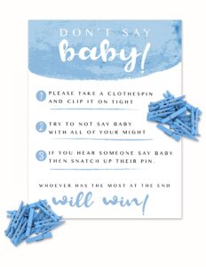 don't say baby game for boy with blue natural wooden clothespins for baby shower pins game and cute 5 x 7 sign - 30 people - by shower games & co.