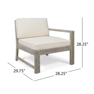 GDFStudio Outdoor 3 Seater Acacia Wood Sofa Sectional with Cushions (Wire Brushed Light Gray Wash, Cream)