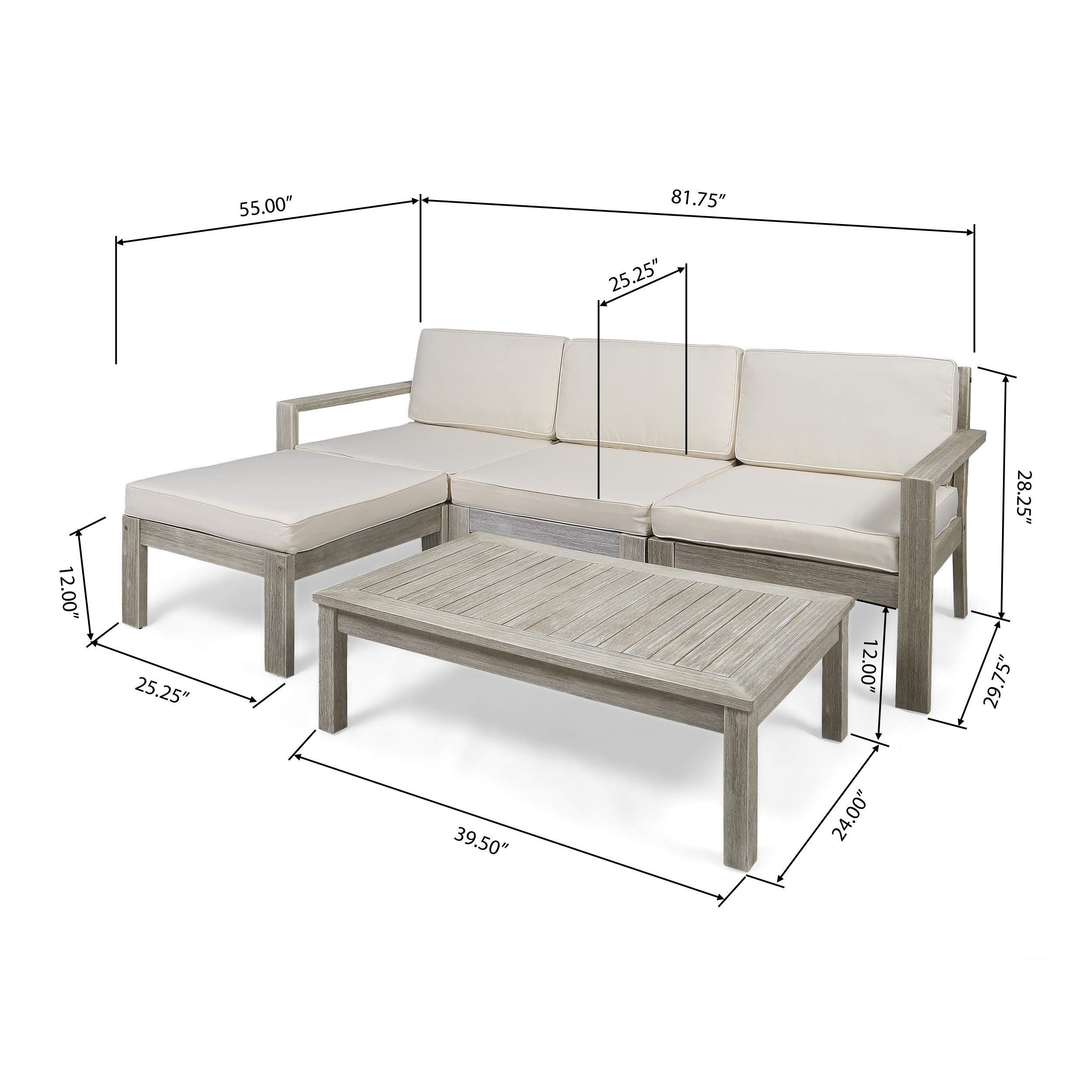 GDFStudio Outdoor 3 Seater Acacia Wood Sofa Sectional with Cushions (Wire Brushed Light Gray Wash, Cream)