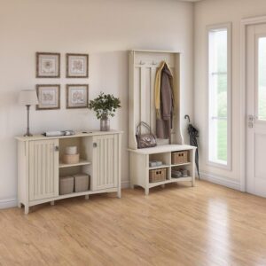 bush furniture salinas entryway storage set with hall tree, shoe bench and accent cabinet in antique white