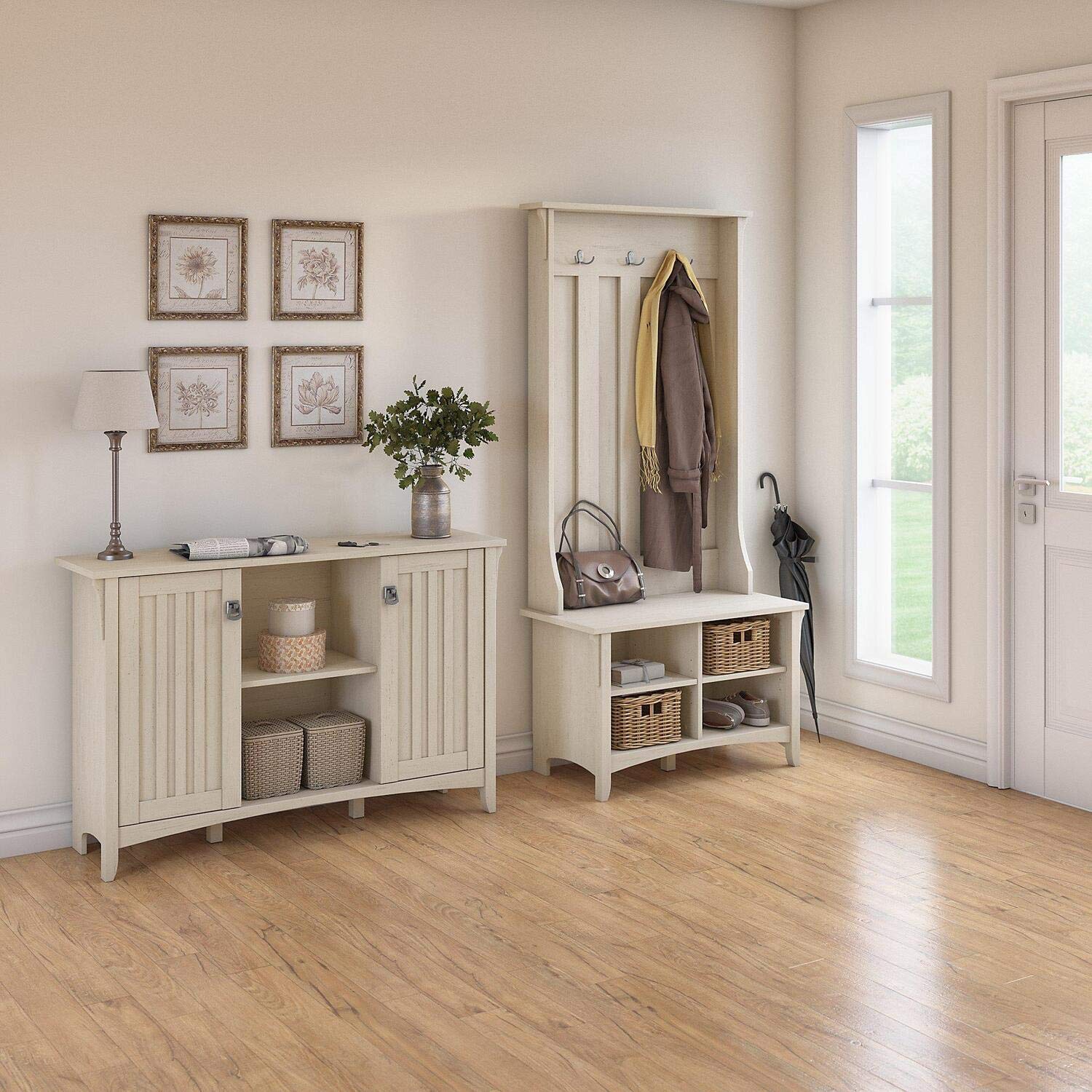 Bush Furniture Salinas Entryway Storage Set with Hall Tree, Shoe Bench and Accent Cabinet in Antique White