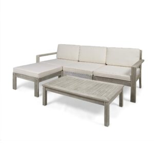 gdfstudio outdoor 3 seater acacia wood sofa sectional with cushions (wire brushed light gray wash, cream)