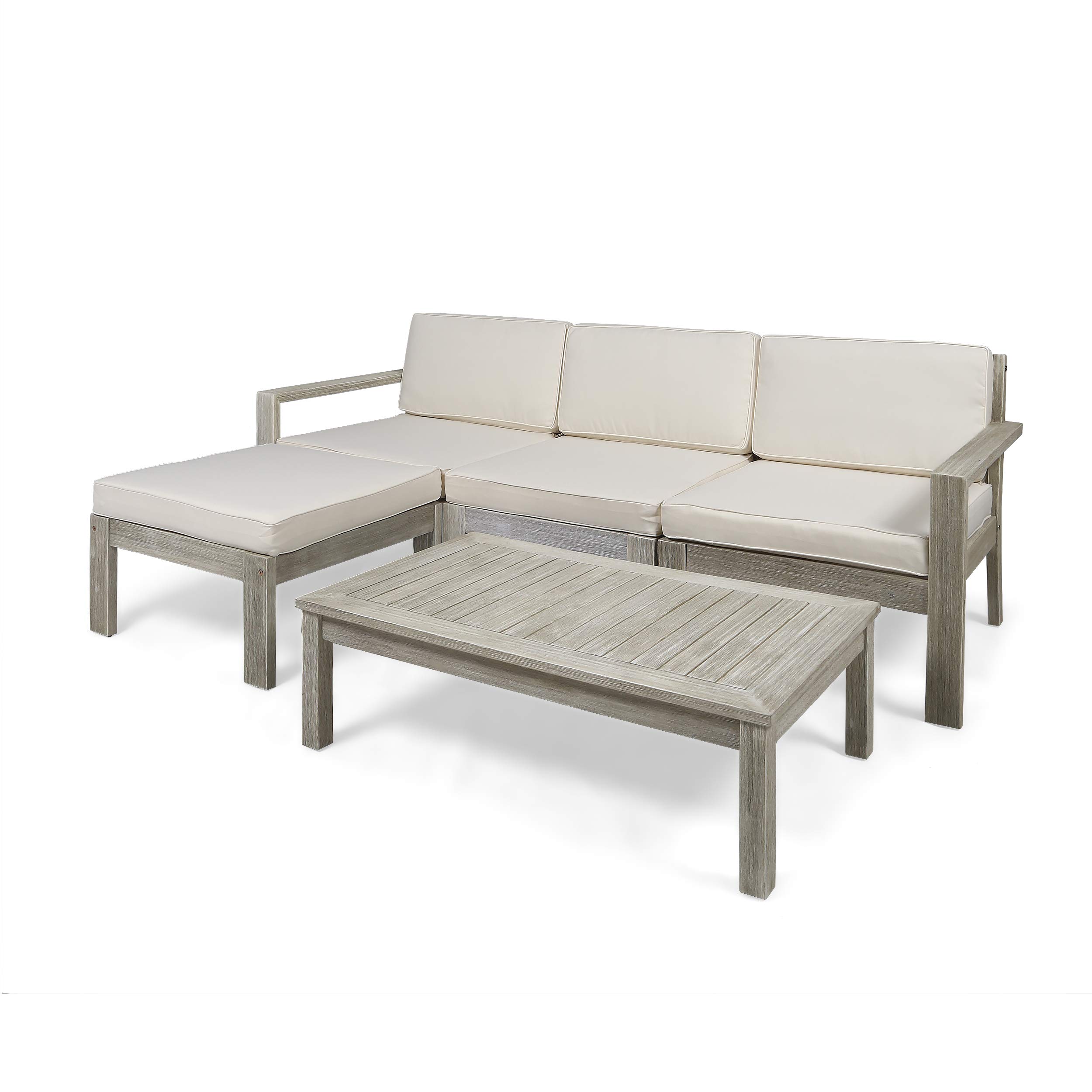 GDFStudio Outdoor 3 Seater Acacia Wood Sofa Sectional with Cushions (Wire Brushed Light Gray Wash, Cream)