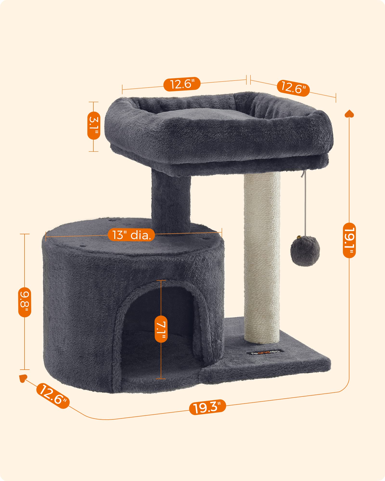 Feandrea Cat Tree, Cat Tower with Sisal-Covered Scratching Post, Cat Condo with Padded Perch, for Small Spaces, Kittens, Smoky Gray UPCT50G