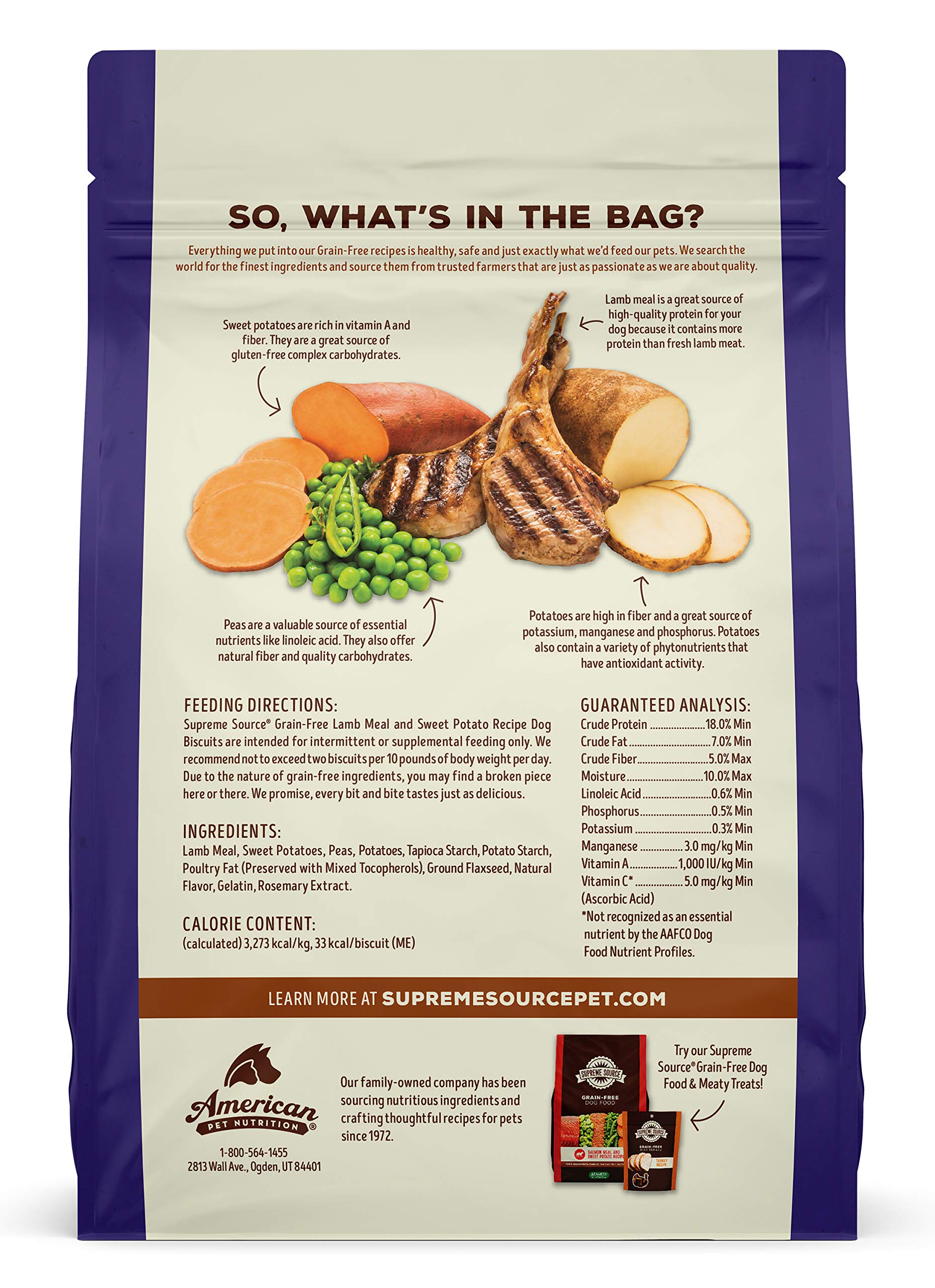 Supreme Source Grain Free Protein Dog Biscuits, Lamb Meal & Sweet Potato Recipe, 1 Pound Bag