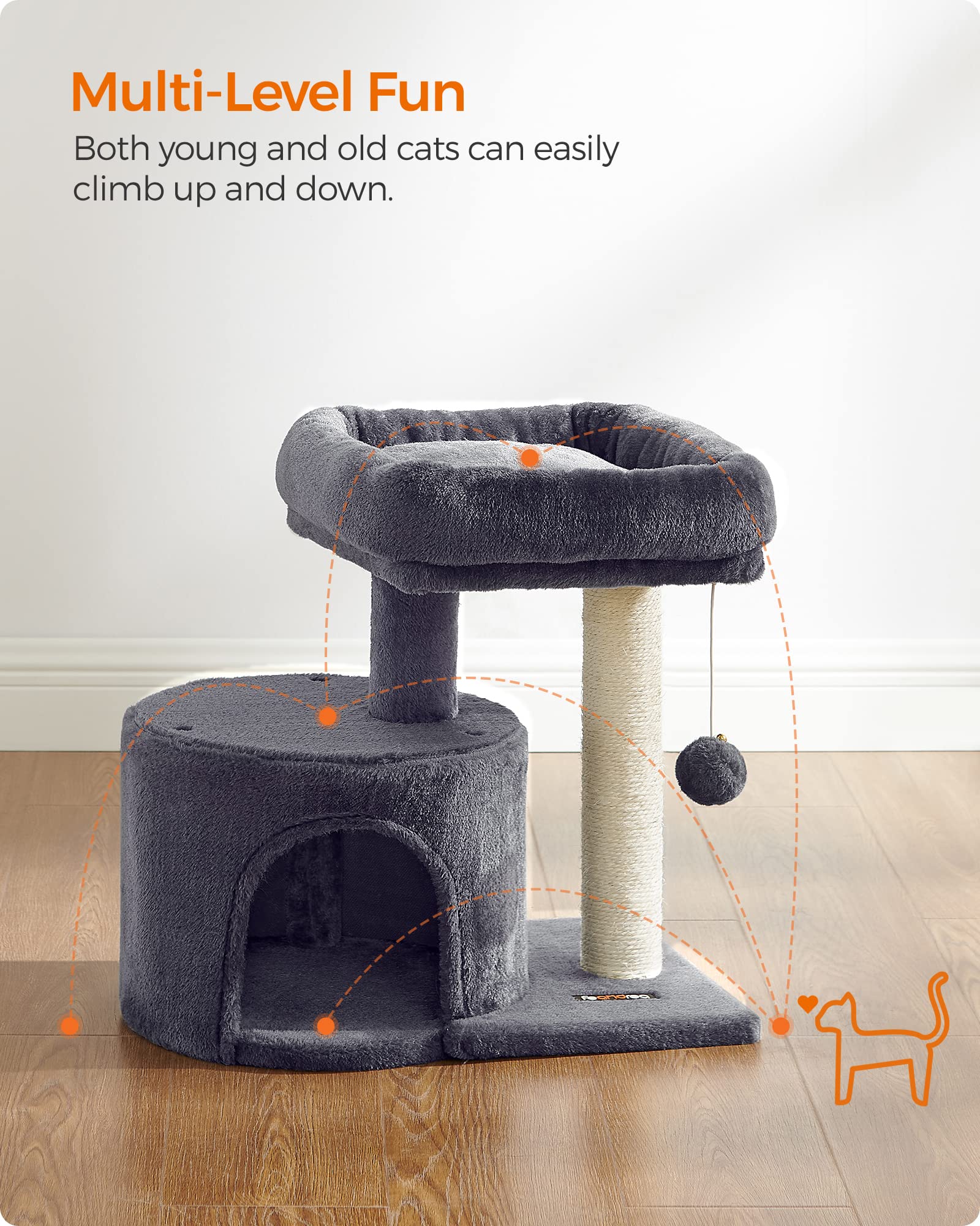 Feandrea Cat Tree, Cat Tower with Sisal-Covered Scratching Post, Cat Condo with Padded Perch, for Small Spaces, Kittens, Smoky Gray UPCT50G