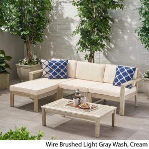 GDFStudio Outdoor 3 Seater Acacia Wood Sofa Sectional with Cushions (Wire Brushed Light Gray Wash, Cream)