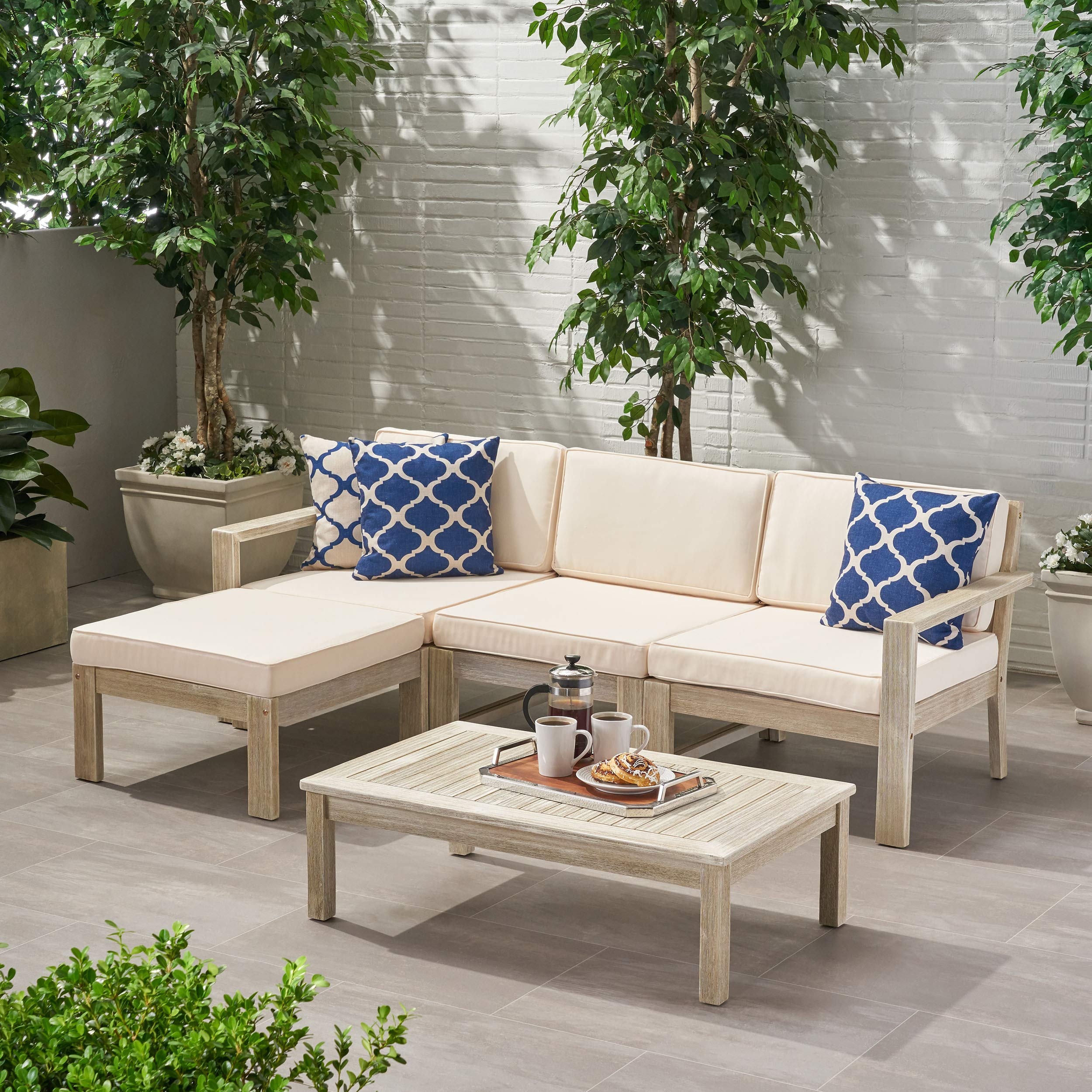 GDFStudio Outdoor 3 Seater Acacia Wood Sofa Sectional with Cushions (Wire Brushed Light Gray Wash, Cream)