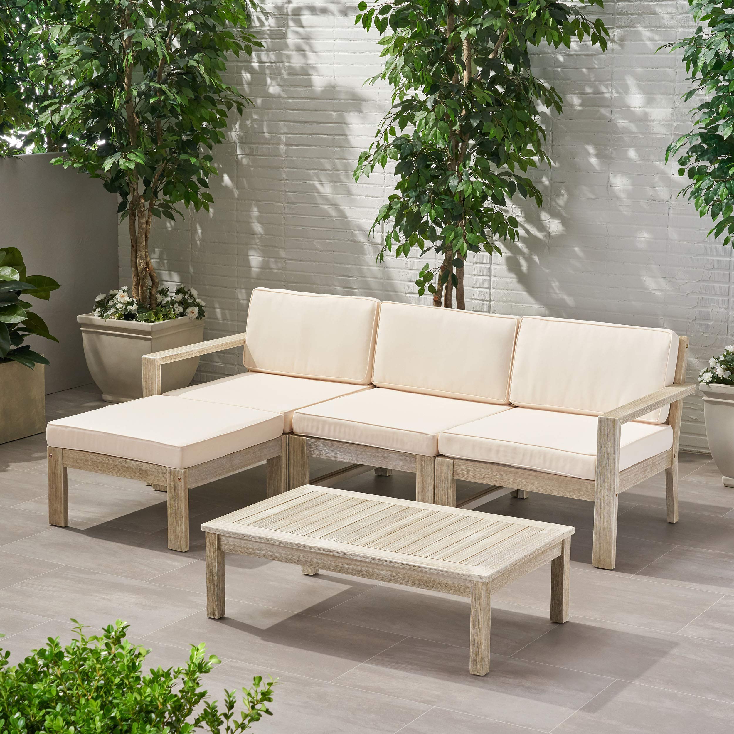 GDFStudio Outdoor 3 Seater Acacia Wood Sofa Sectional with Cushions (Wire Brushed Light Gray Wash, Cream)