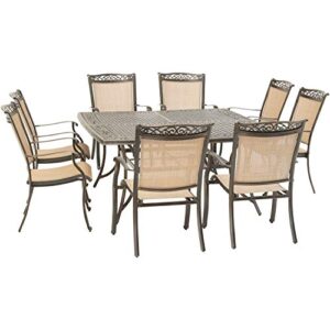 hanover fontana 9-piece outdoor patio dining set with 60'' cast-top square dining table and 8 quick-dry sling swivel rocker chairs, all weather outdoor furniture set for 8