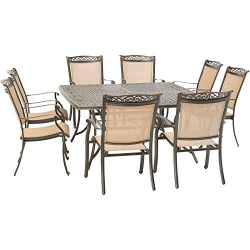 Hanover Fontana 9-Piece Outdoor Patio Dining Set with 60'' Cast-Top Square Dining Table and 8 Quick-Dry Sling Swivel Rocker Chairs, All Weather Outdoor Furniture Set for 8