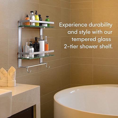 Vdomus Glass Bathroom Wall Organizer Shelf, 2-Tier Glass Shelf with Integrated Towel Bar Wall Mounted Shower Storage 15.2 by 5 inches, Brushed Silver Finish (2 Tier Glass Shelf)