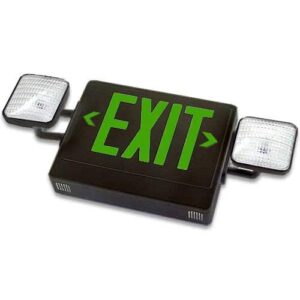 exit sign & emergency light with led combo units, compact design fully automatic, single face, green letters & black housing