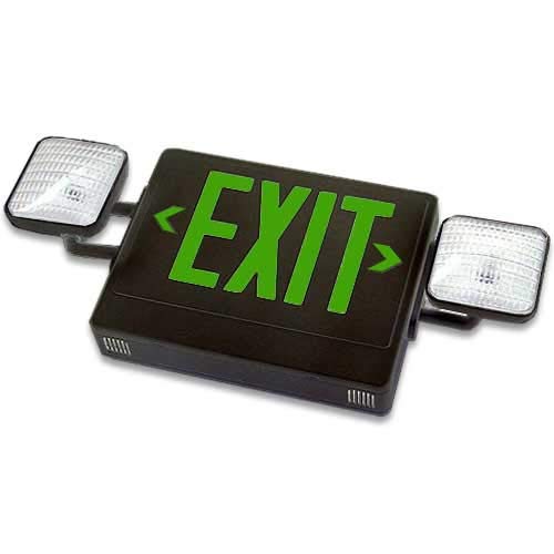 Exit Sign & Emergency Light with LED Combo Units, Compact Design Fully Automatic, Single Face, Green Letters & Black Housing