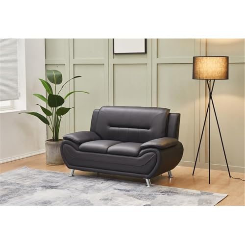 Kingway Furniture Montac Faux Leather Loveseat Sofa, Modern Couch for Living Room, Solid Wood Frame, Black