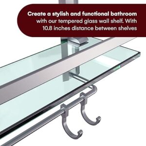 Vdomus Glass Bathroom Wall Organizer Shelf, 2-Tier Glass Shelf with Integrated Towel Bar Wall Mounted Shower Storage 15.2 by 5 inches, Brushed Silver Finish (2 Tier Glass Shelf)