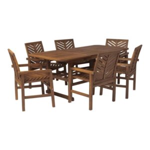 walker edison 6 person outdoor wood chevron patio furniture dining set extendable table chairs all weather backyard conversation garden poolside balcony, 7 piece, dark brown