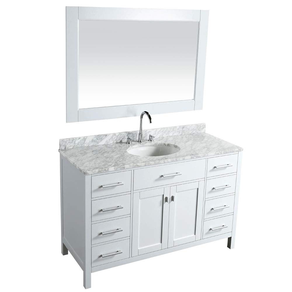 LUCA Kitchen & Bath LC54CWW Geneva 54" Single Vanity Set in White with Carrara Marble Top, Sink, and Mirror