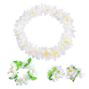 4 pcs white hawaiian leis with green leaves for graduation party, dance party, photo prop in outdoors (white)