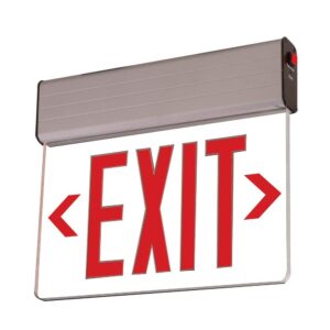 edge lit exit sign ultra bright led illuminated, battery backup, double face, red letters, mirror panel, anodized aluminum housing