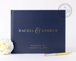 navy blue wedding guest book, classic navy gold photo album or sign-in personalized guestbook with bride & groom names - hardcover (10x8 inches)