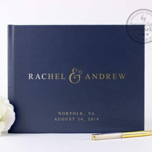 Navy Blue Wedding Guest Book, Classic Navy Gold Photo Album or Sign-in Personalized Guestbook with Bride & Groom Names - Hardcover (10x8 inches)