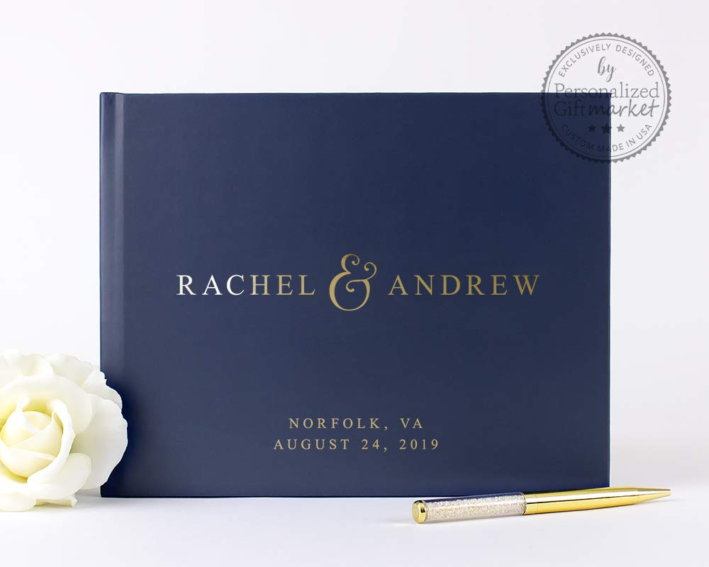 Navy Blue Wedding Guest Book, Classic Navy Gold Photo Album or Sign-in Personalized Guestbook with Bride & Groom Names - Hardcover (10x8 inches)