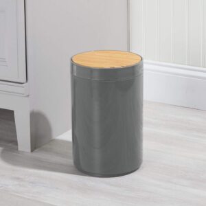 mDesign Plastic Round Trash Can Small Wastebasket - Garbage Bin Container with Swing-Close Lid - Bathroom Garbage Basket - Holds Waste, Recycling - 1.3 Gallon - Basa Collection - Charcoal Gray/Natural