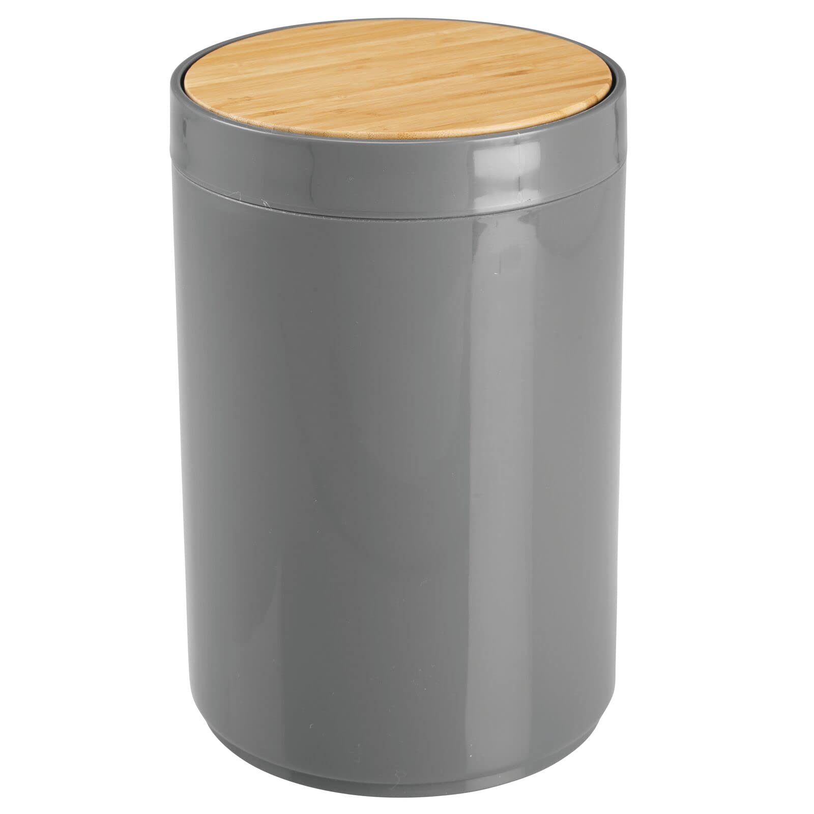 mDesign Plastic Round Trash Can Small Wastebasket - Garbage Bin Container with Swing-Close Lid - Bathroom Garbage Basket - Holds Waste, Recycling - 1.3 Gallon - Basa Collection - Charcoal Gray/Natural