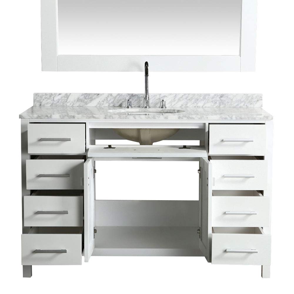 LUCA Kitchen & Bath LC54CWW Geneva 54" Single Vanity Set in White with Carrara Marble Top, Sink, and Mirror