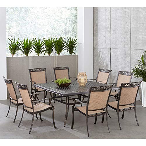 Hanover Fontana 9-Piece Outdoor Patio Dining Set with 60'' Cast-Top Square Dining Table and 8 Quick-Dry Sling Swivel Rocker Chairs, All Weather Outdoor Furniture Set for 8