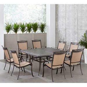 Hanover Fontana 9-Piece Outdoor Patio Dining Set with 60'' Cast-Top Square Dining Table and 8 Quick-Dry Sling Swivel Rocker Chairs, All Weather Outdoor Furniture Set for 8