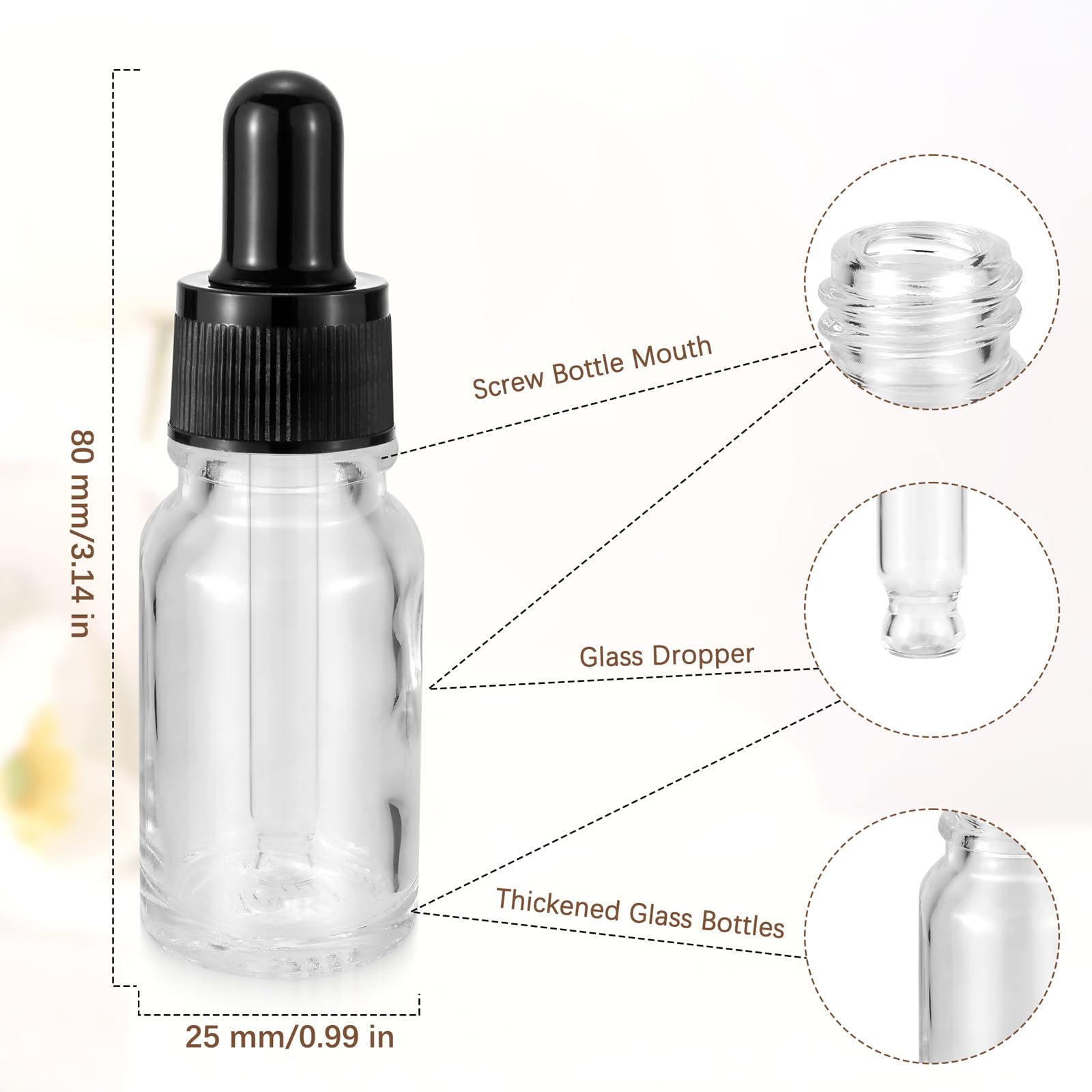 Kesell 8 Pack - Glass Bottles for Essential Oils, 10ml Refillable Empty Transparent/Clear Bottle with Glass Dropper and Black Cap