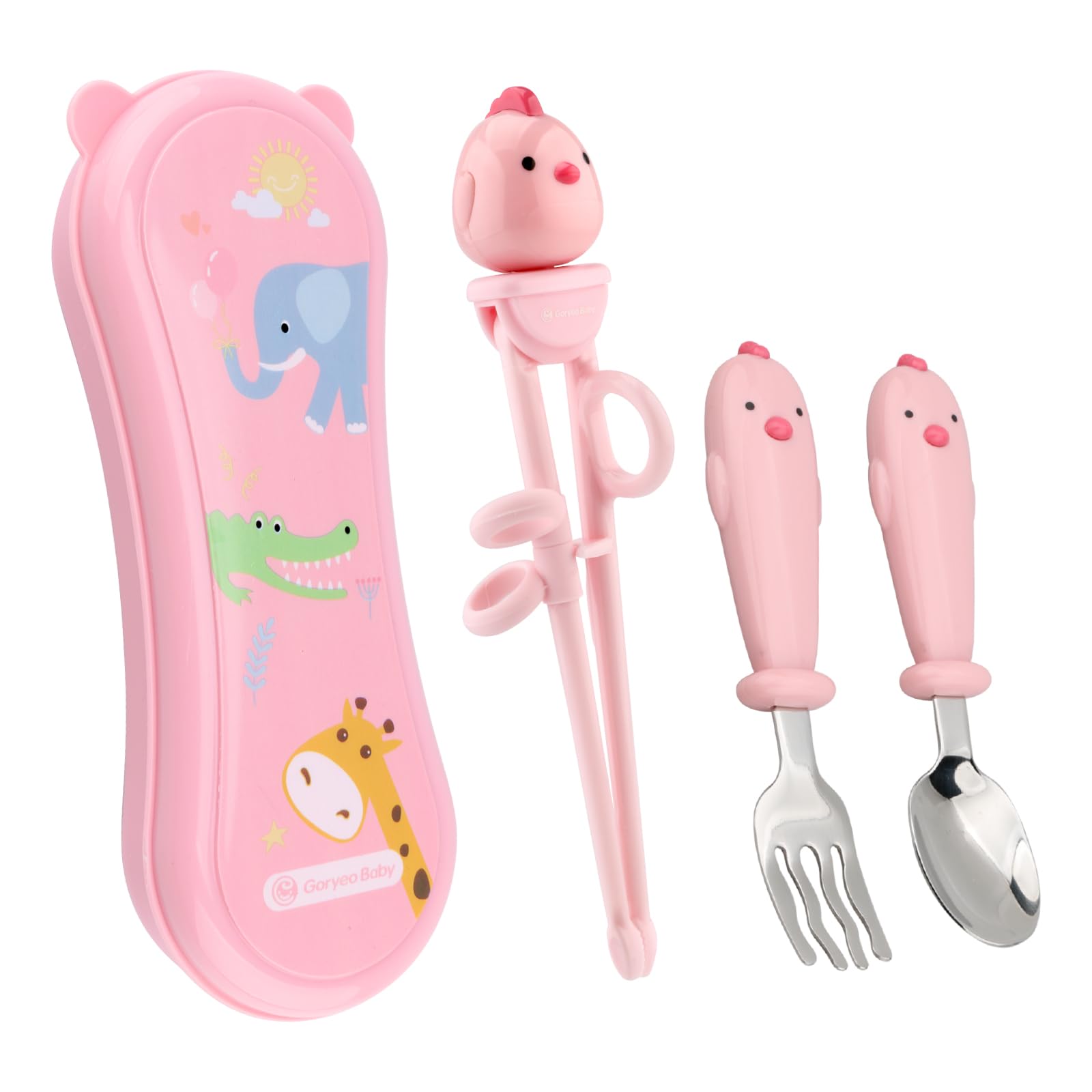 GORYEO BABY Toddler Utensils Stainless Steel Kids Silverware Set with Kids Spoons and Forks Set and Kids Chopsticks for Self Feeding Learning with Portable Case