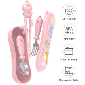 GORYEO BABY Toddler Utensils Stainless Steel Kids Silverware Set with Kids Spoons and Forks Set and Kids Chopsticks for Self Feeding Learning with Portable Case