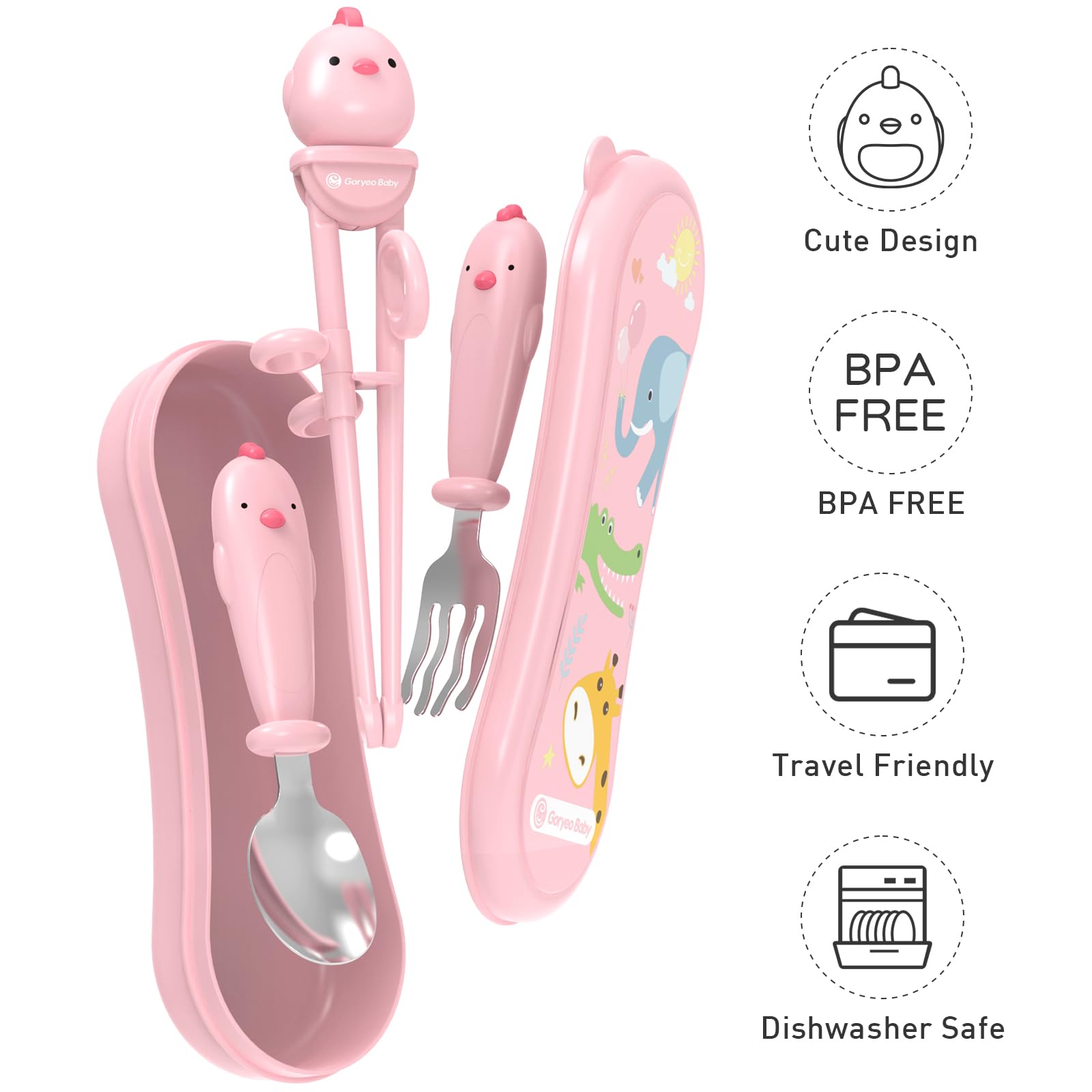 GORYEO BABY Toddler Utensils Stainless Steel Kids Silverware Set with Kids Spoons and Forks Set and Kids Chopsticks for Self Feeding Learning with Portable Case