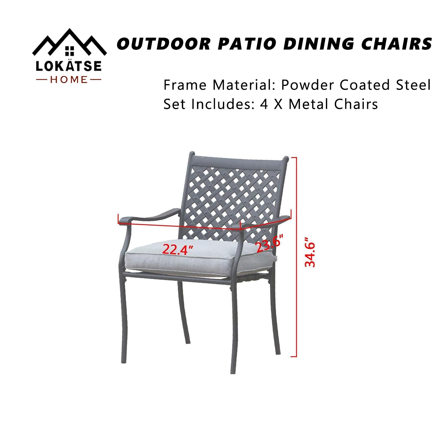 LOKATSE HOME 4 Piece Outdoor Patio Metal Wrought Iron Dining Chair Set with Arms and Seat Cushions - Grey