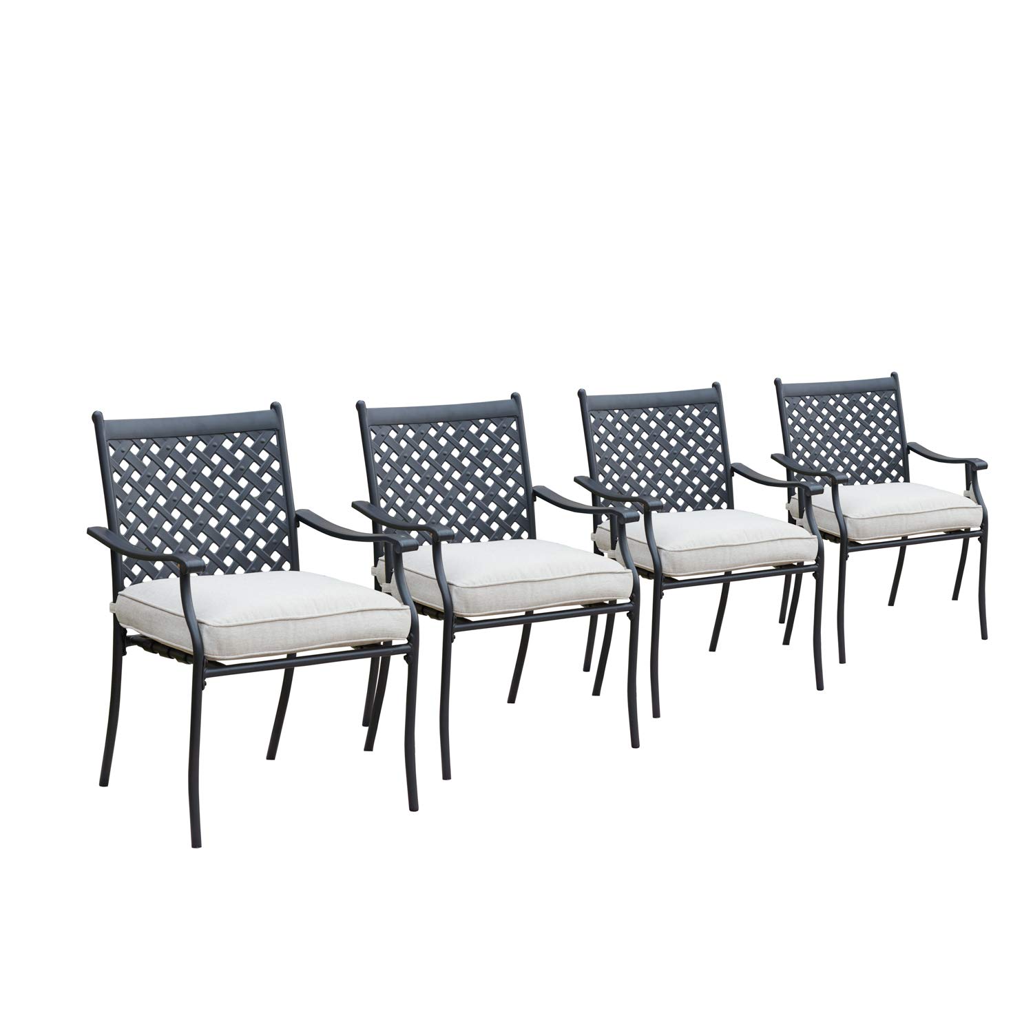 LOKATSE HOME 4 Piece Outdoor Patio Metal Wrought Iron Dining Chair Set with Arms and Seat Cushions - Beige