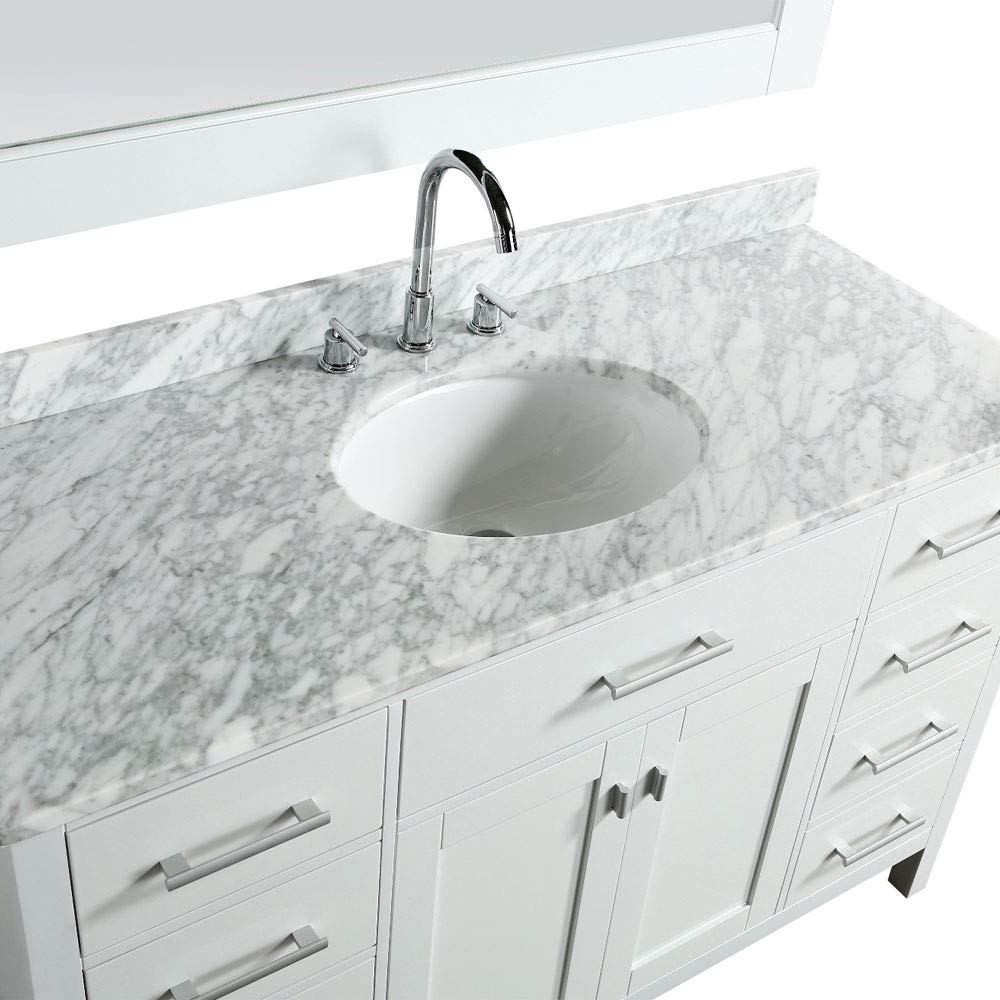 LUCA Kitchen & Bath LC54CWW Geneva 54" Single Vanity Set in White with Carrara Marble Top, Sink, and Mirror